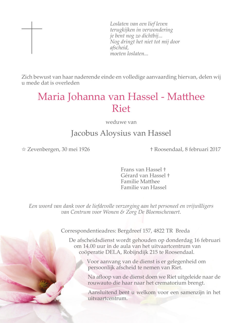 In Memoriam Marie Johanna (Riet) van Hassel-Matthee jongste dochter van ...